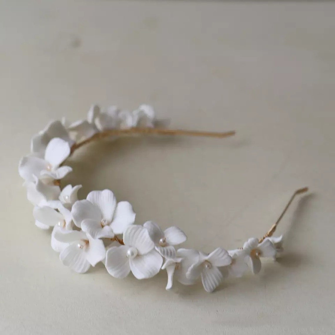JINEA// Porcelain White Floral Bridal Headband Boho Flower | Etsy