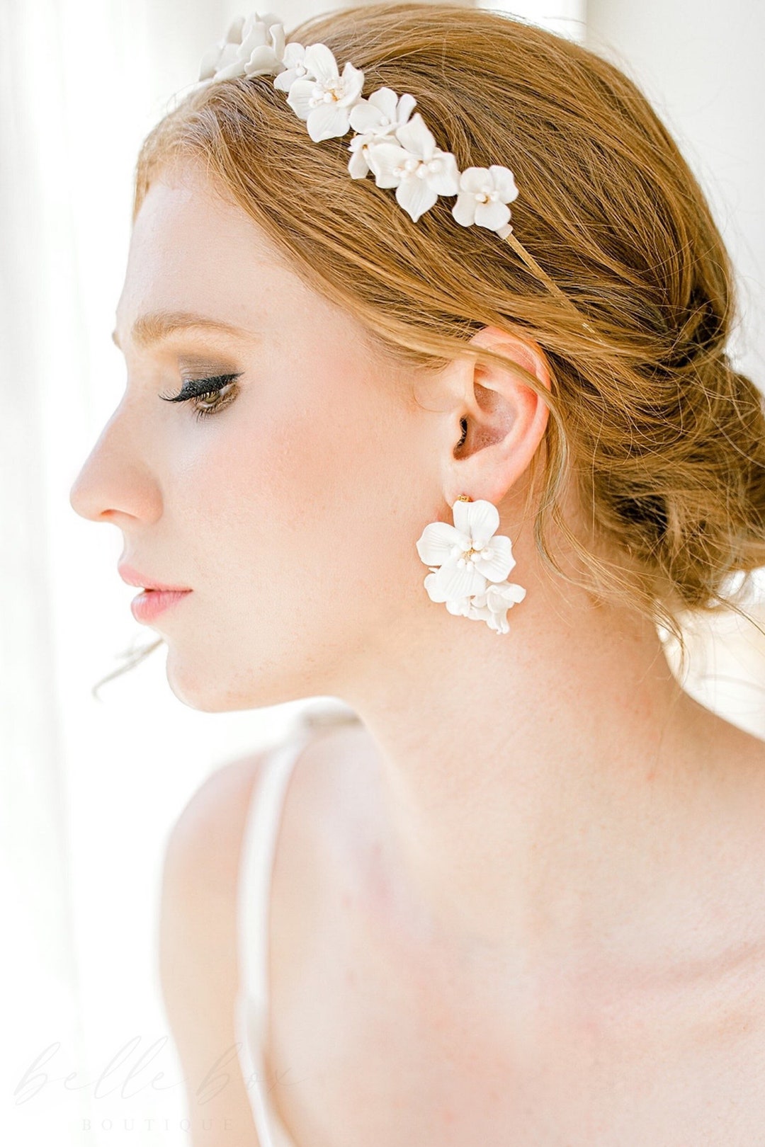CELENA // White Flower Wedding Earrings,long Floral Bride Earrings, Bridal Statement Earrings ...