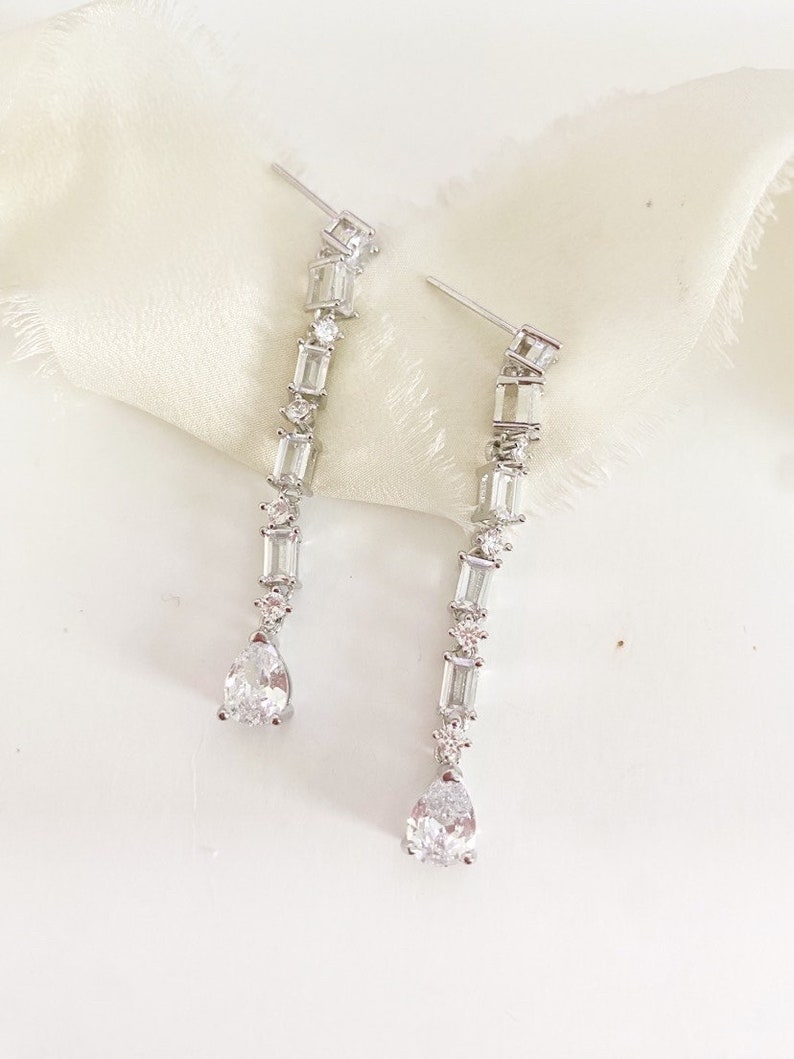 LILITH // Diamond Long Drop Wedding Earrings Silver Diamond - Etsy