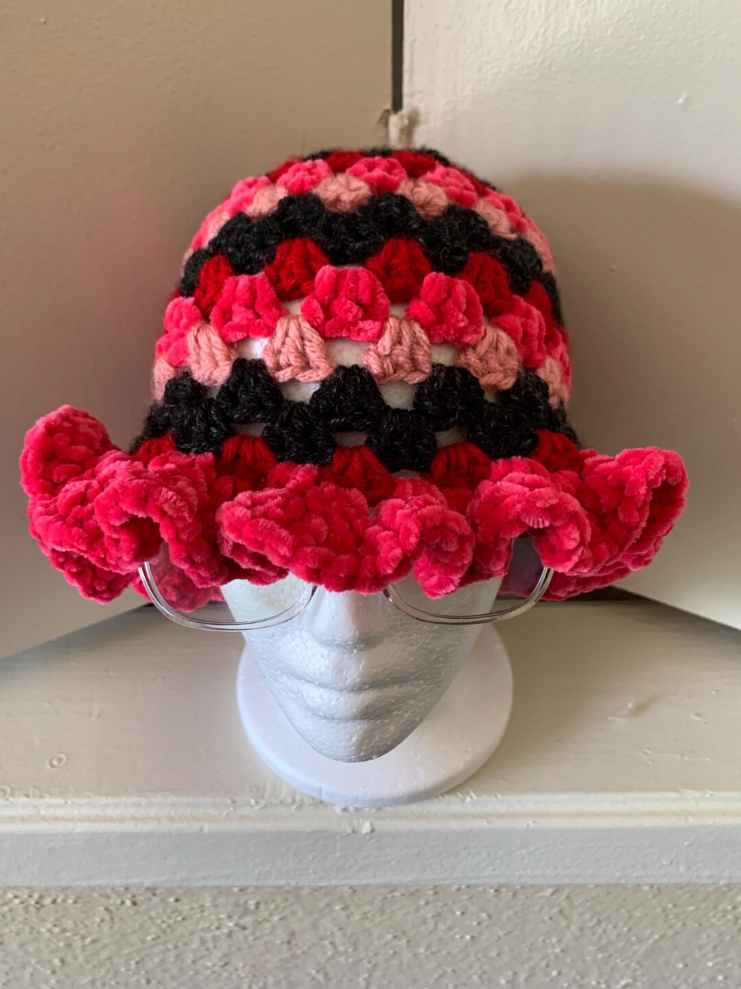 Fluffy Pink Ruffle Hat Handmade Crochet Bucket Hat Stylish Winter Knit ...