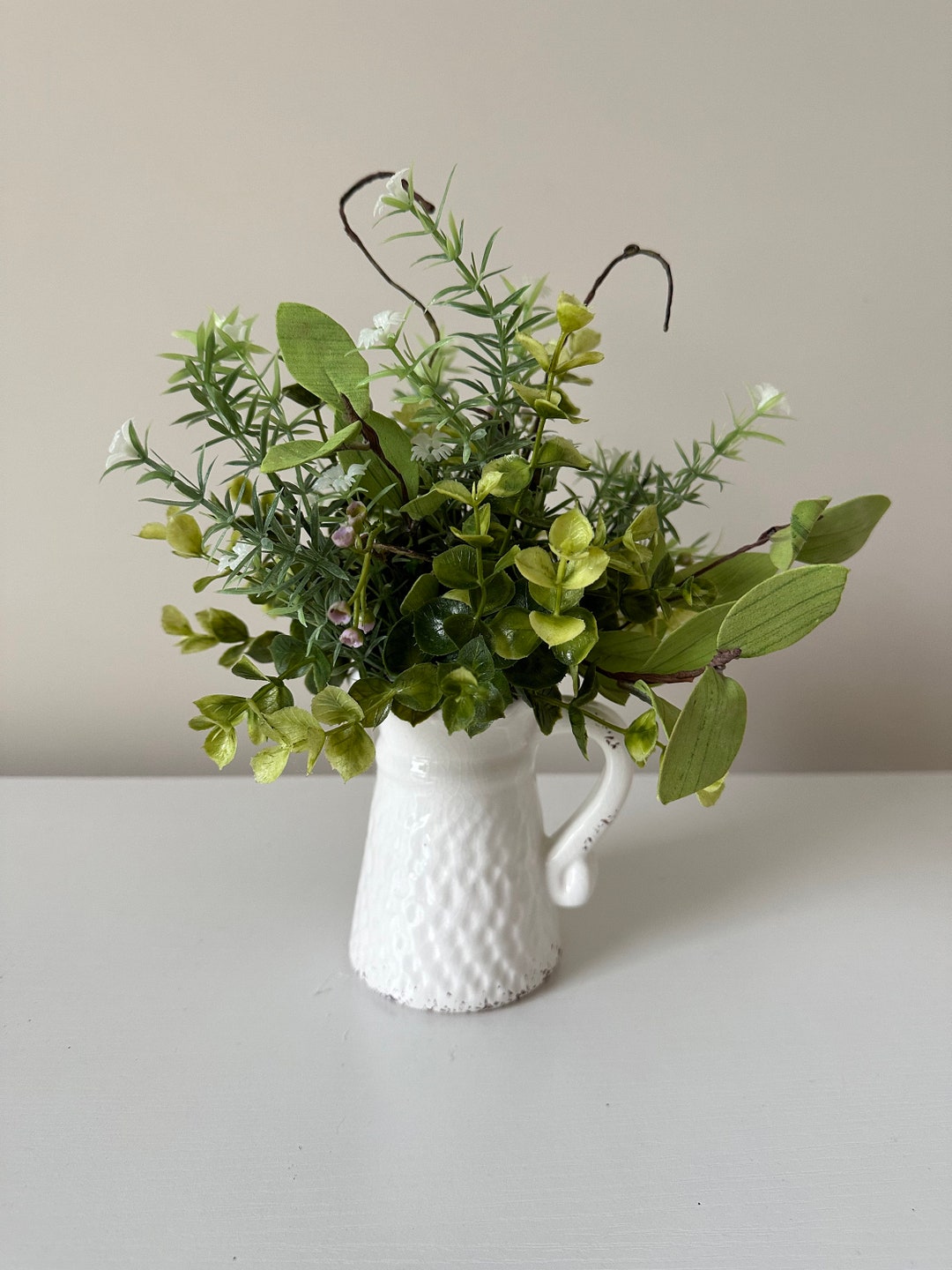 Farmhouse Decor, Small White Pitcher Centerpiece, Tabletop Decorations ...