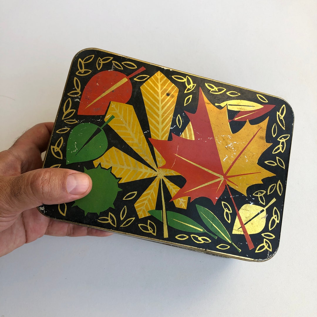 Vintage Tin Box, Autumn Leaves, Chestnut, Soviet Gift Tin, Collection ...