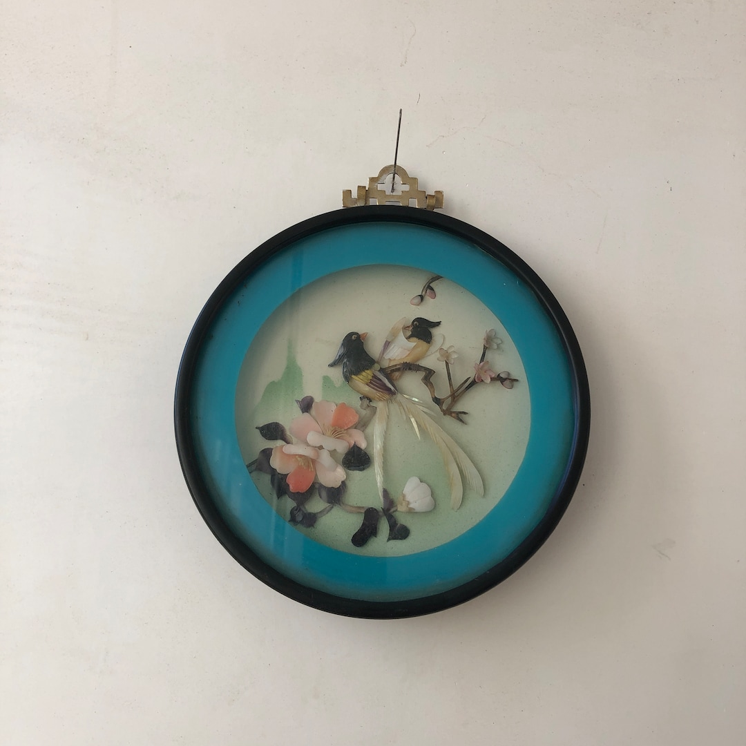 Vintage Chinese Painting, Shell Panel, Round Painting, Birds, Flowers ...