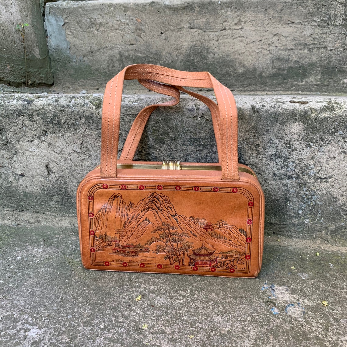Vintage 60s Women Bag Tan Leather Bag Embossed Handbag | Etsy