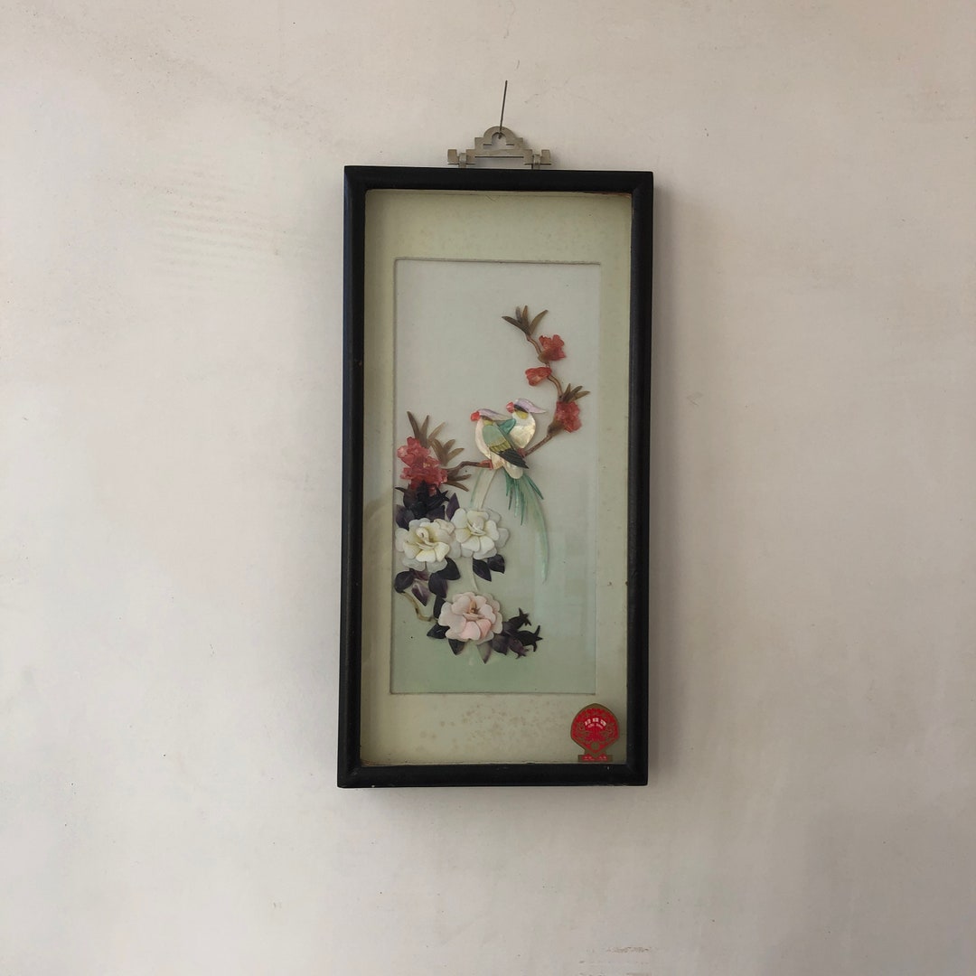 Vintage Chinese Painting, Shell Panel, Birds, Flowers, Mother of Pearl ...