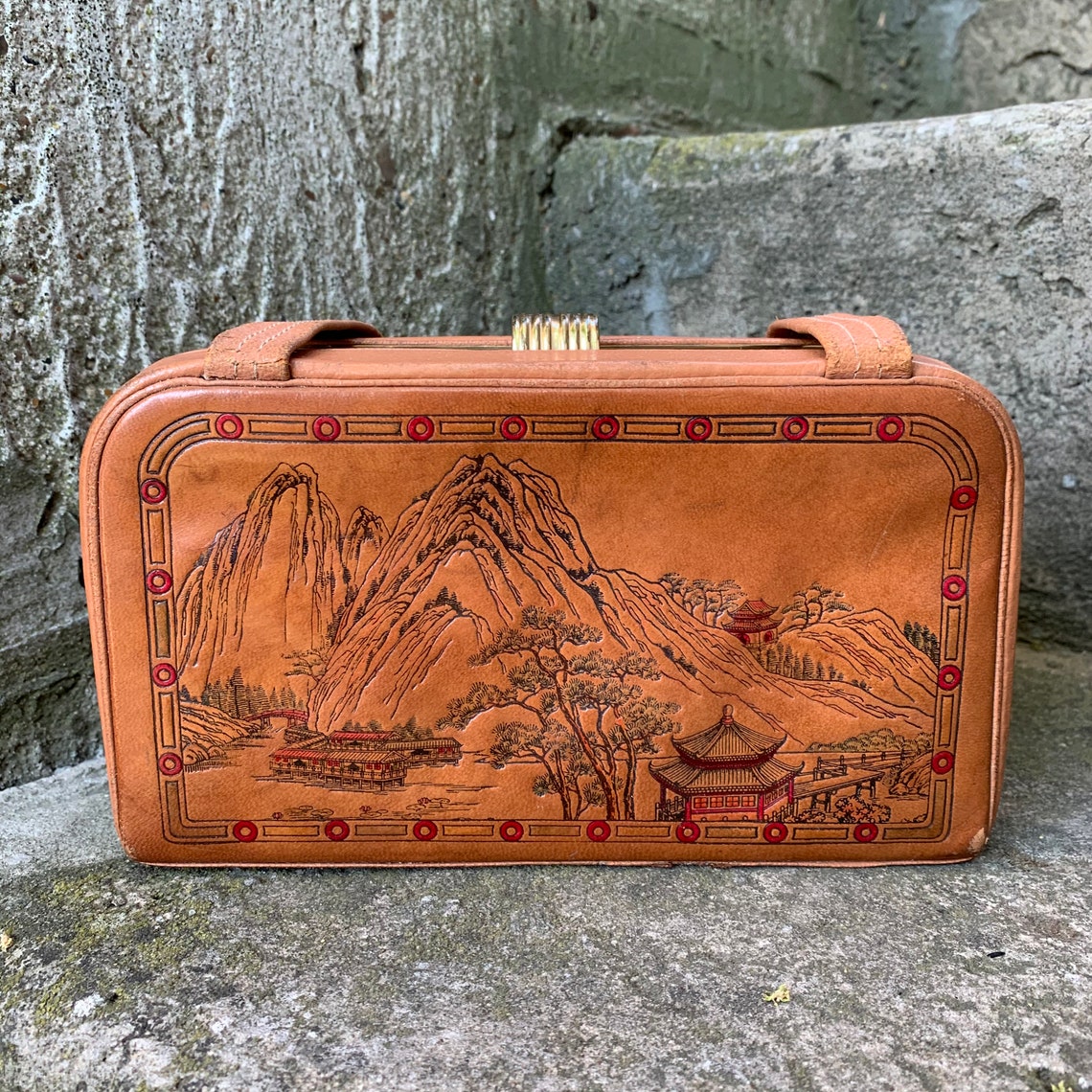 Vintage 60s Women Bag Tan Leather Bag Embossed Handbag | Etsy