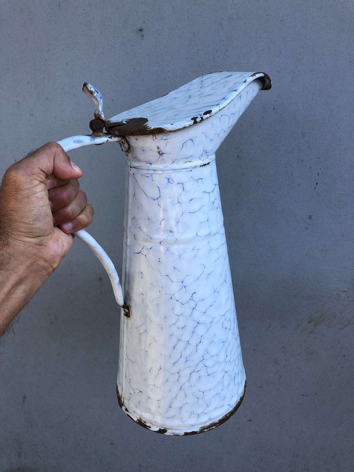 Vintage Enamel Pitcher, Water Pitcher, Large Bath Pitcher, Rustic Decor ...
