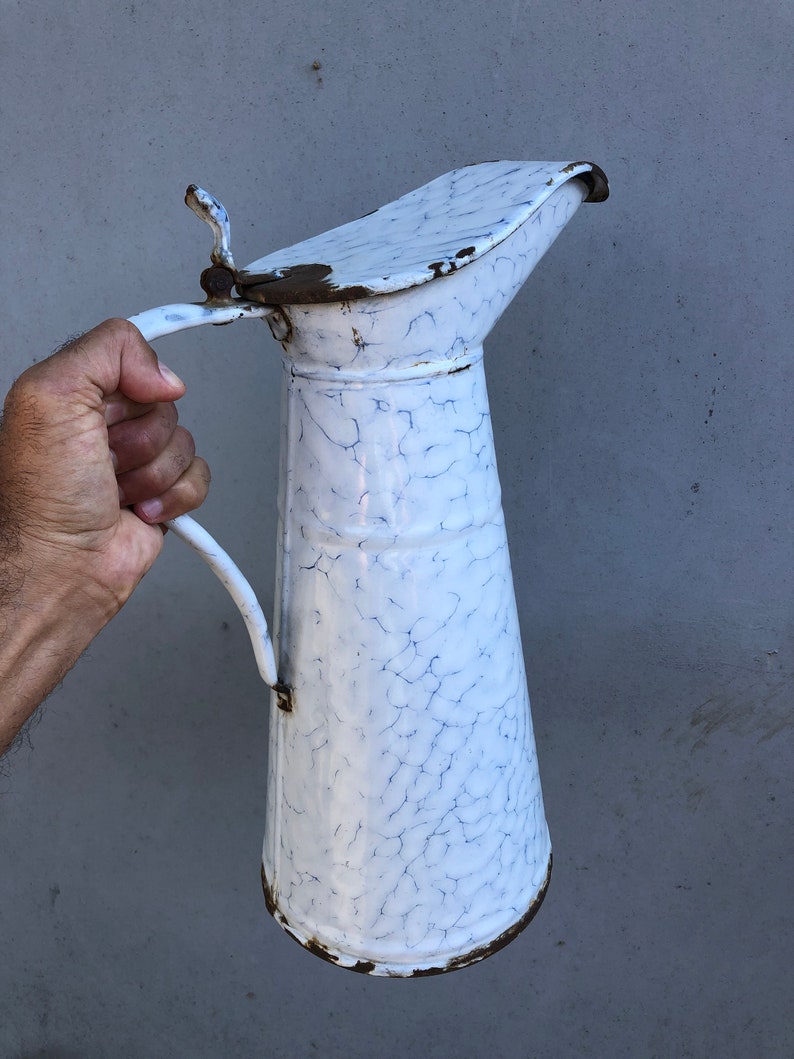 Vintage Enamel Pitcher, Water Pitcher, Large Bath Pitcher, Rustic Decor ...