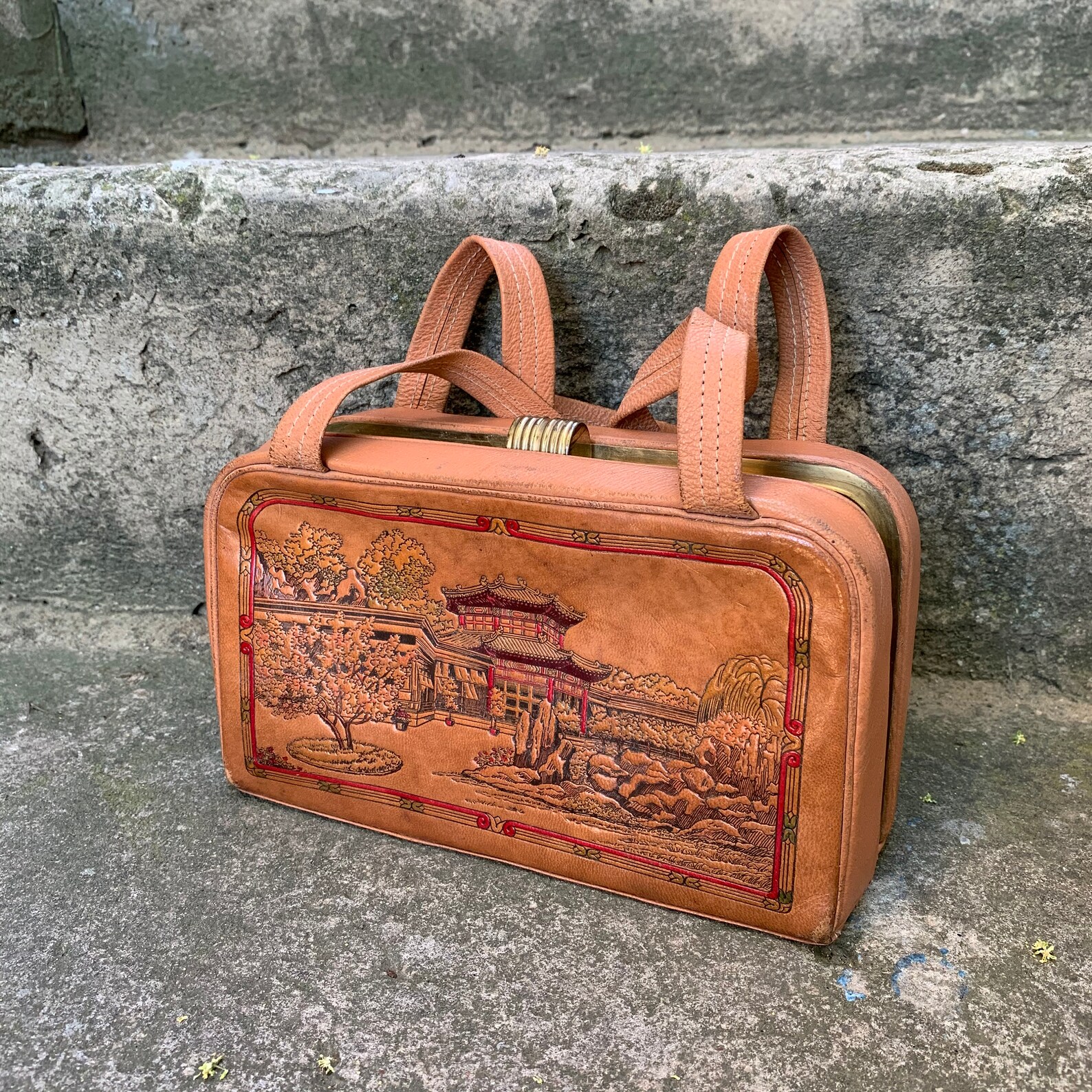 Vintage 60s Women Bag Tan Leather Bag Embossed Handbag | Etsy