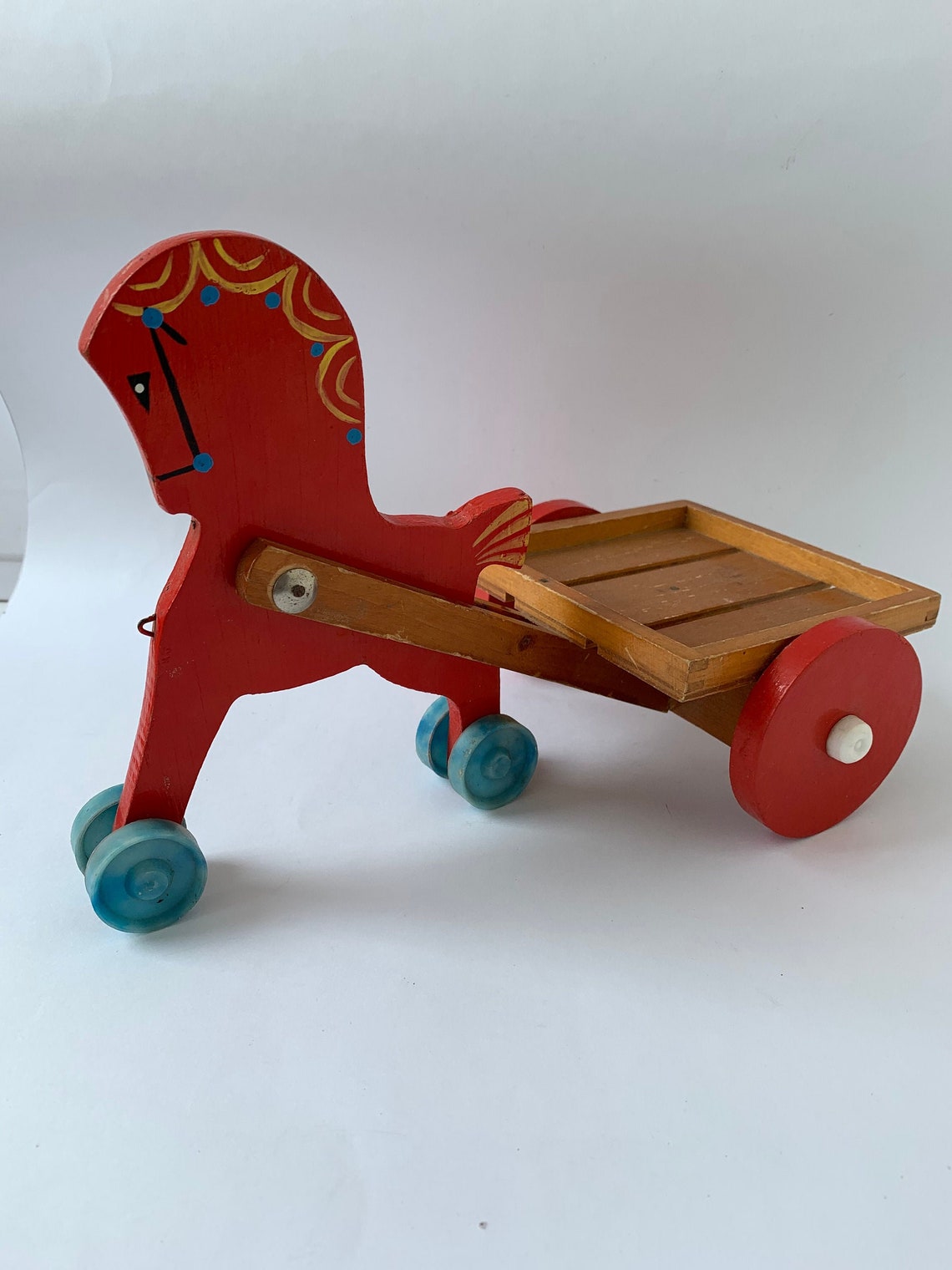 Horse Vintage Toy Wooden Horse Red Horse With a Cartpull | Etsy