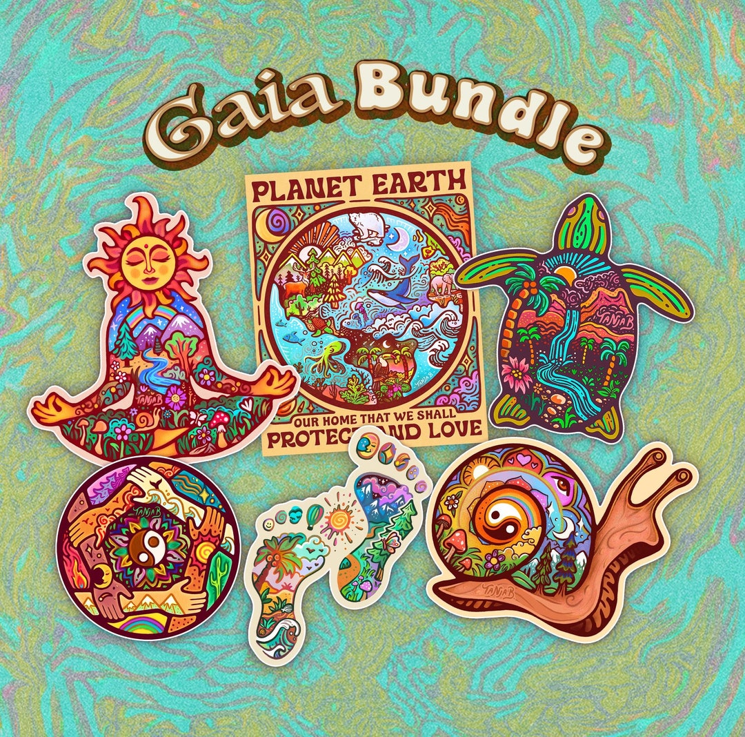 4 GAIA STICKERS // Earth Bundle // Hippie, Goa, Spiritual Art - Etsy
