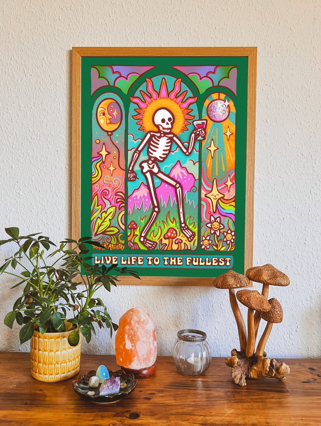 Live Fully Poster // Skeleton Art Print Occult, Party, Disco // Vibrant ...