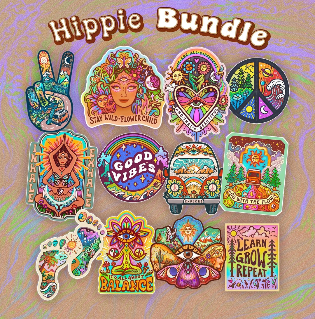 12 HIPPIE STICKERS // Boho Spirit Bundle // Hippie, Goa, Trippy Art - Etsy