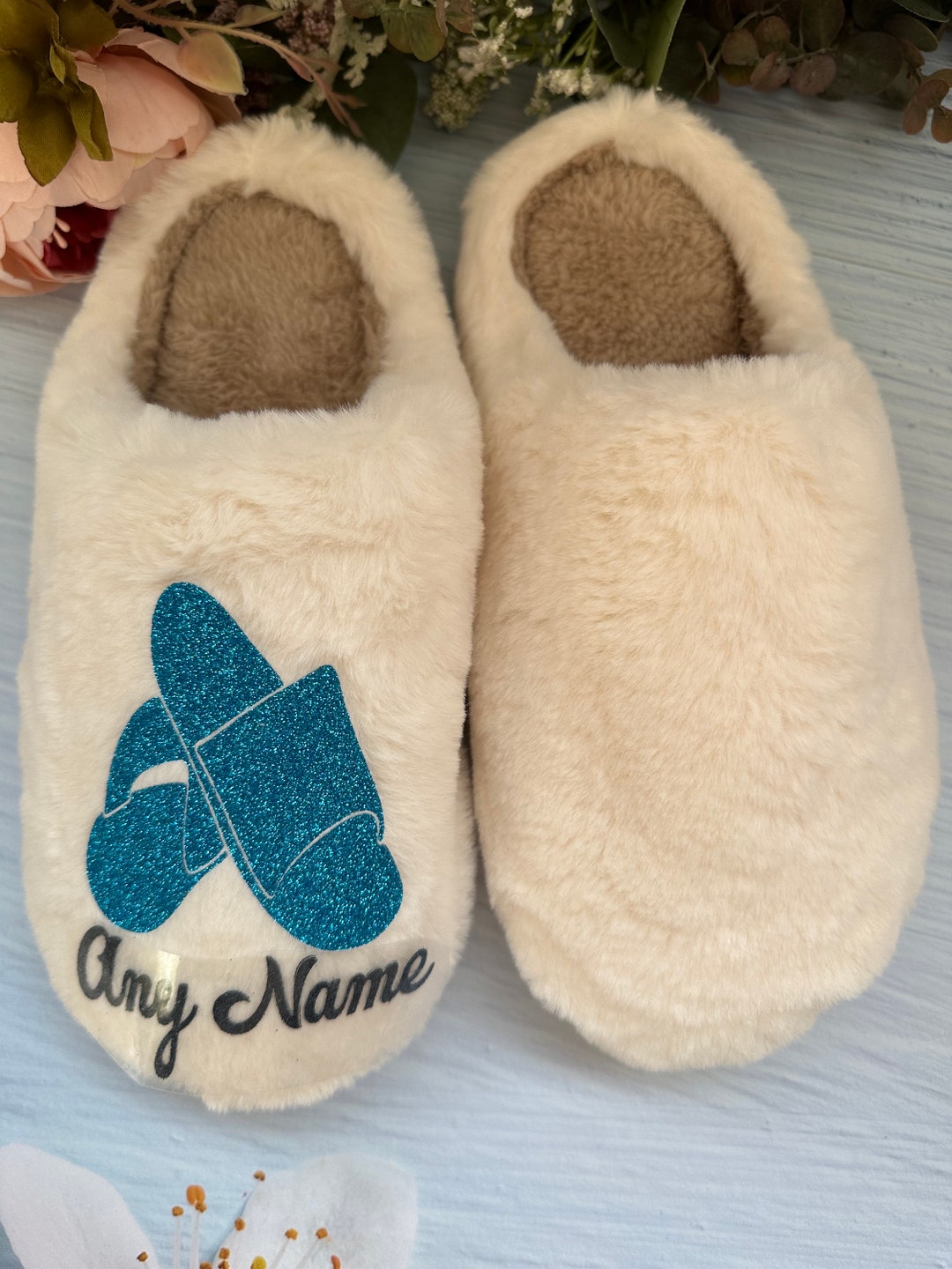 Custom,personalised Fluffy Slippers,white,glitter Design,solid Quality ...