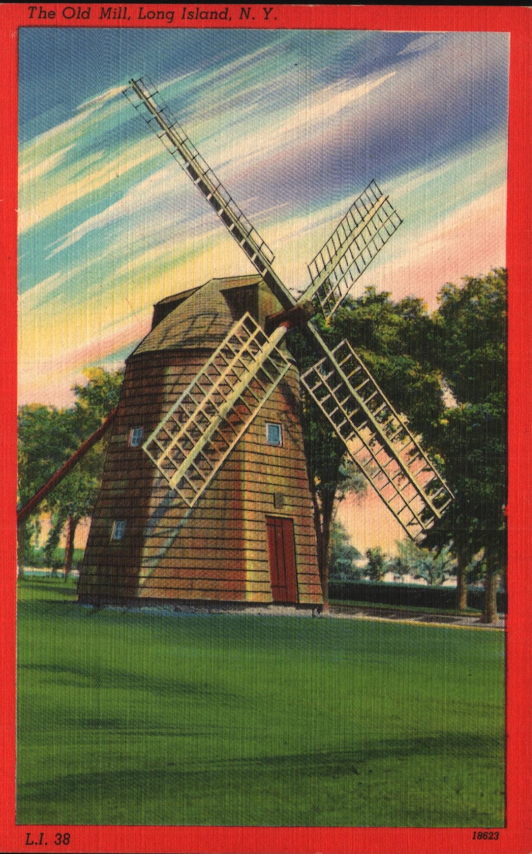 Vintage Linen Postcard the Old Mill Long Island New York 1940s Red ...