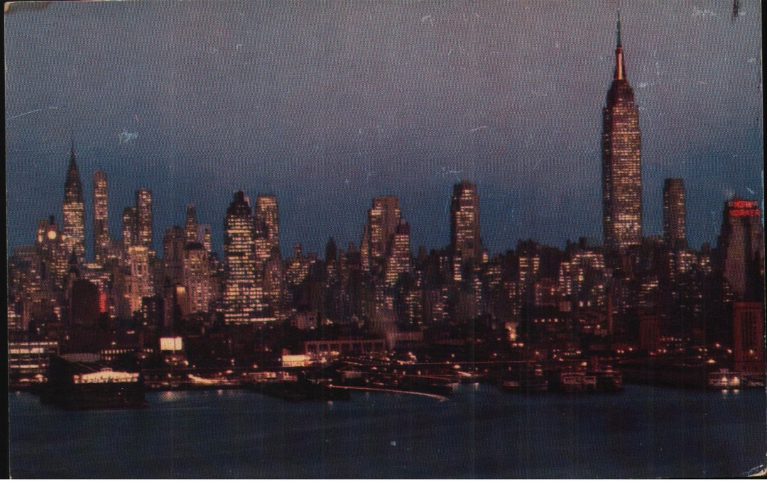 Vintage Chrome Postcard New York Skyline at Night NYC New York 1960s ...