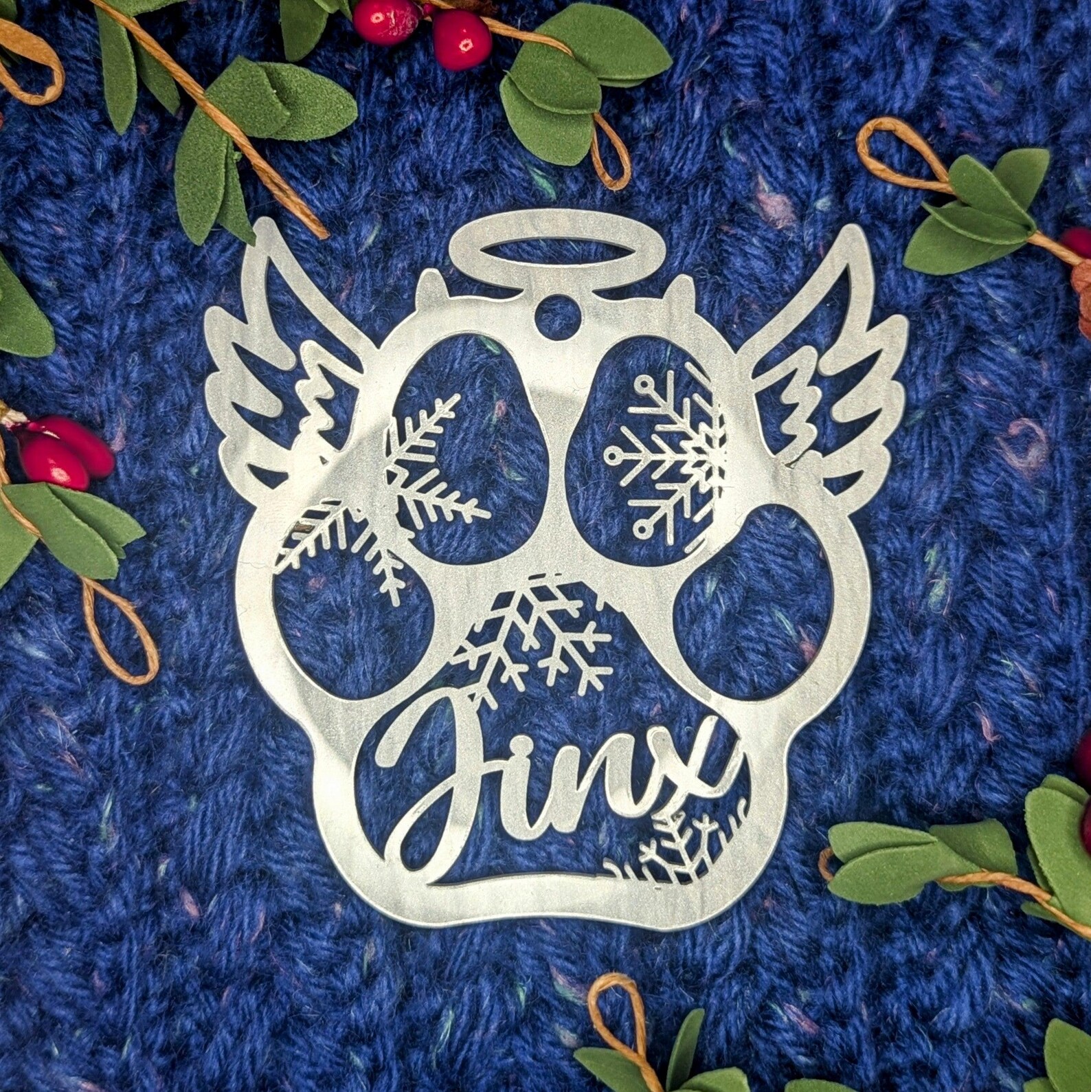 Memorial Cat Ornament | Modern Angel Paw Print With Snowflake | Custom ...