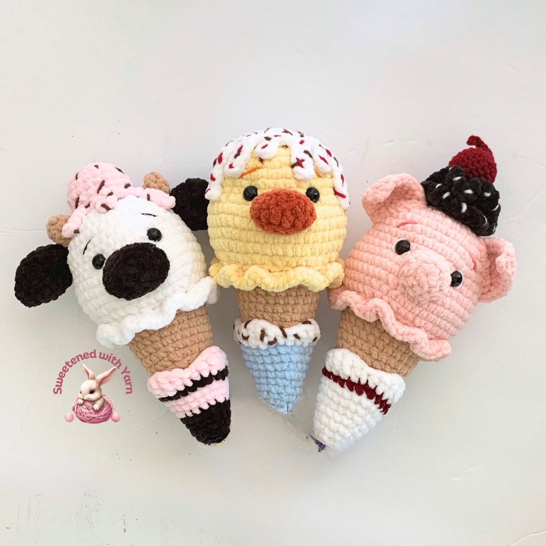 Farm Animal Ice Cream Cone Crochet Plushie Bundle PREORDER Includes Cow ...