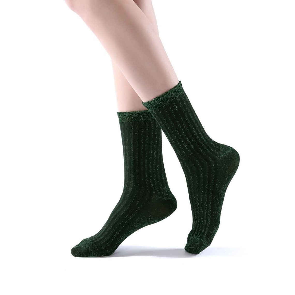 Aliyah Scallop Sparkle Crew Sock | Green, Glitter Sock, Handmade - Etsy