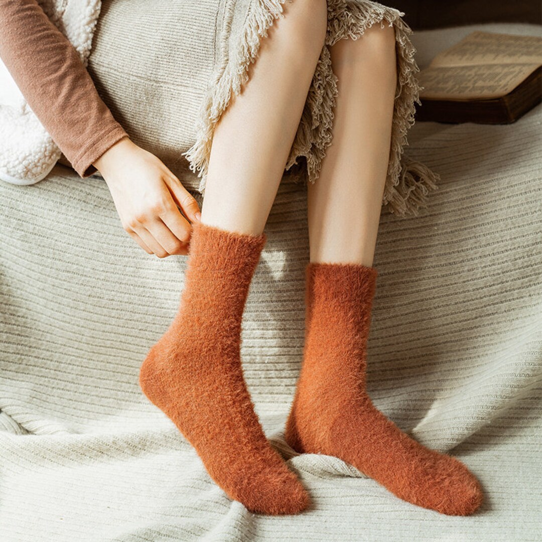Polly Fuzzy Crew Sock | Rust | House Socks - Etsy
