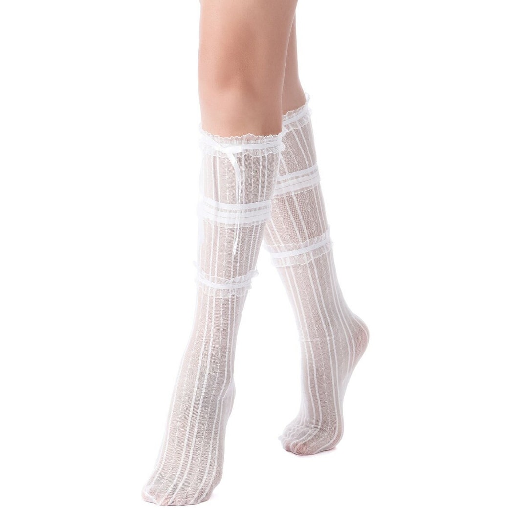 Chloe Layered Lace Knee-high Ribbon Sheer Sock | White - Etsy