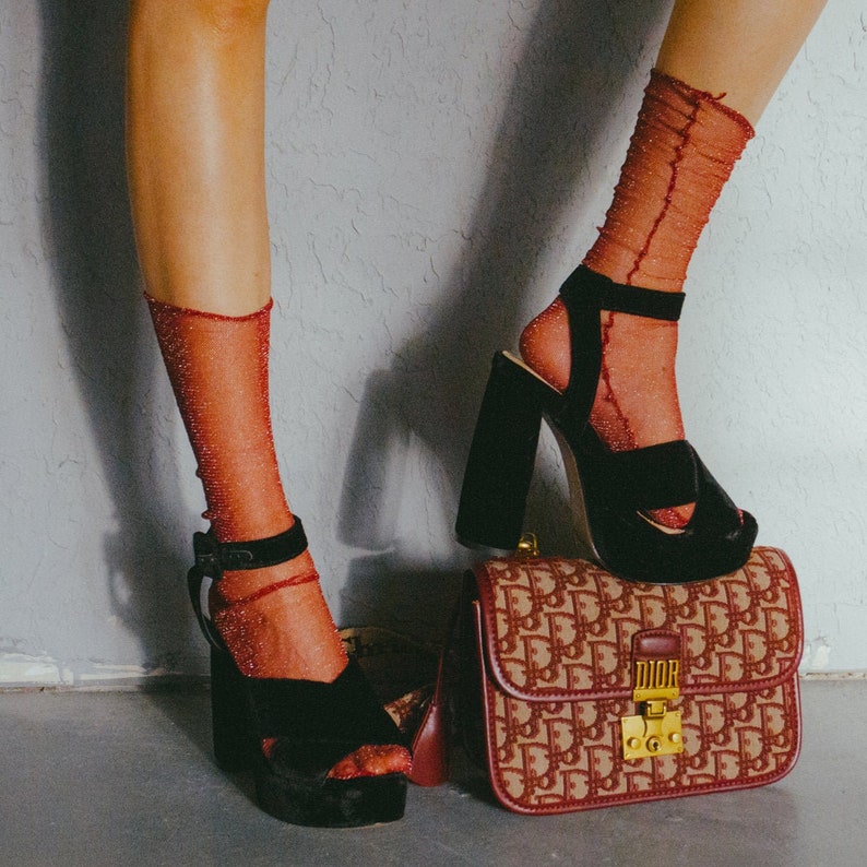 Red Sheer Diamond Crew Sock - Etsy