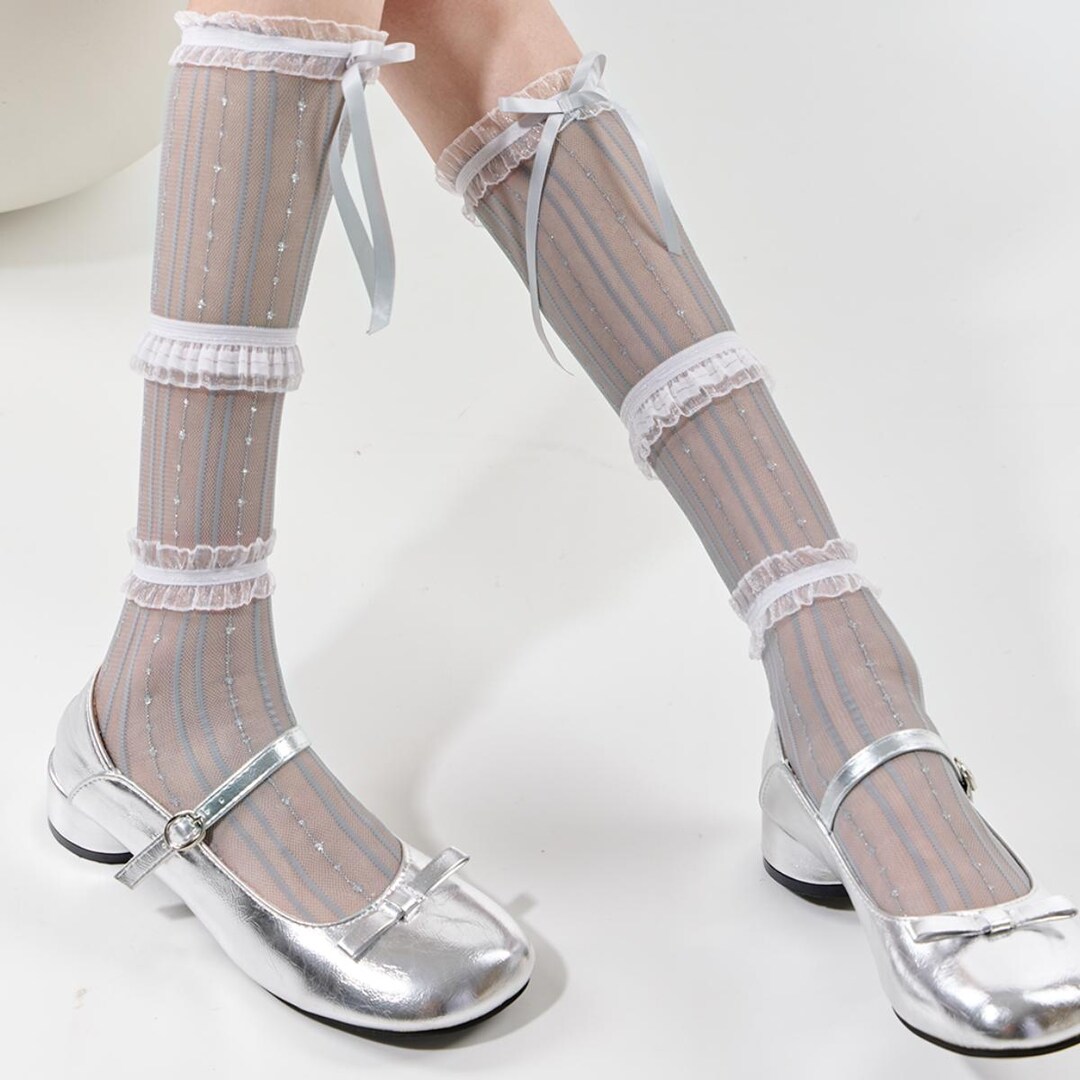 Chloe Layered Lace Knee-high Ribbon Sheer Sock | Grey - Etsy