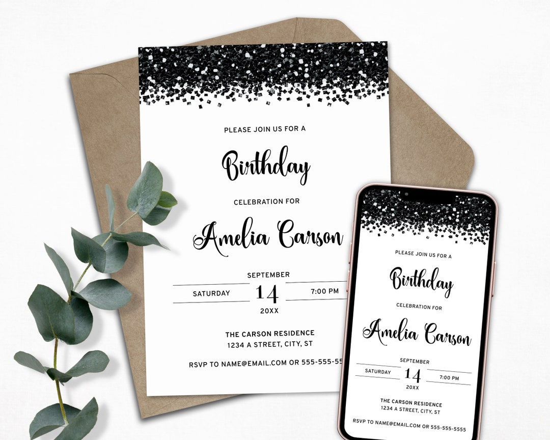 Black Birthday Party Invitation, Sparkling Glitter Invite for a Glam ...