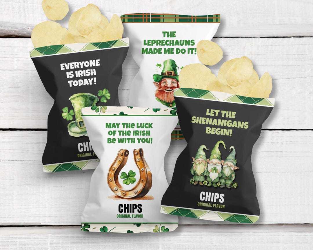 St. Patrick's Day Chip Bag Wrap Templates, Festive Potato Chip Wrappers ...
