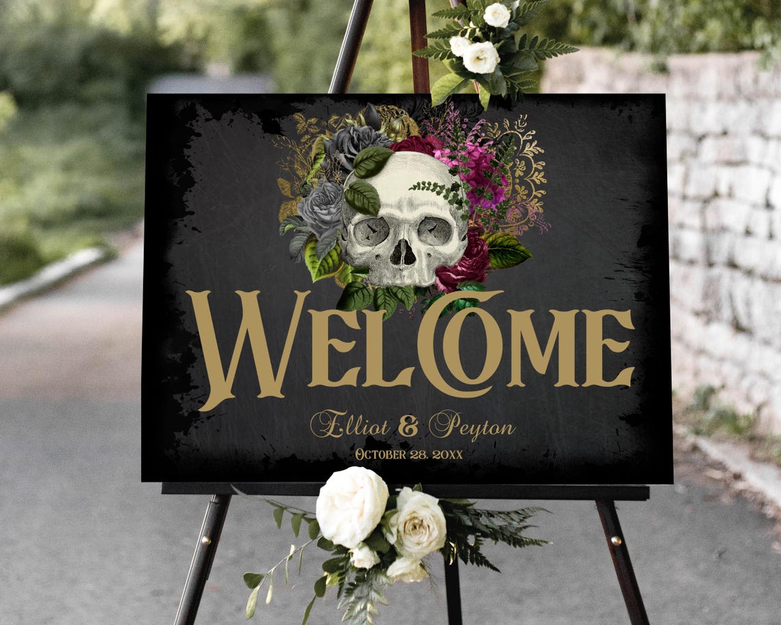 Goth Wedding Welcome Sign Template With a Masquerade Skull of Pink ...