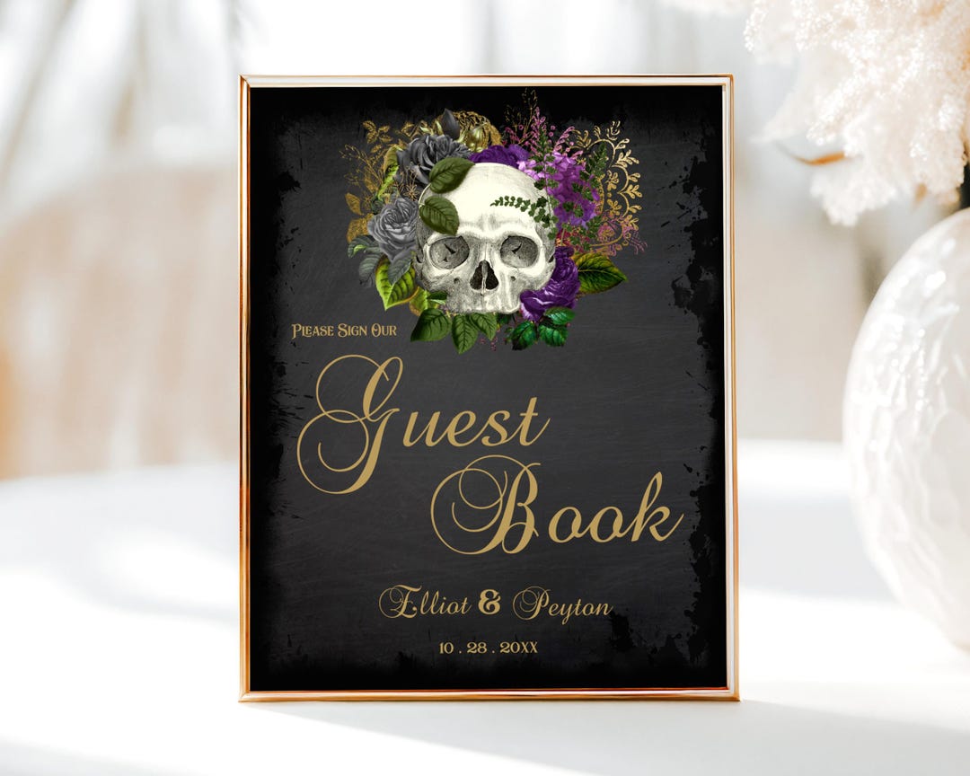 Goth Wedding Guest Book Sign With a Masquerade Skull of Purple Flowers ...
