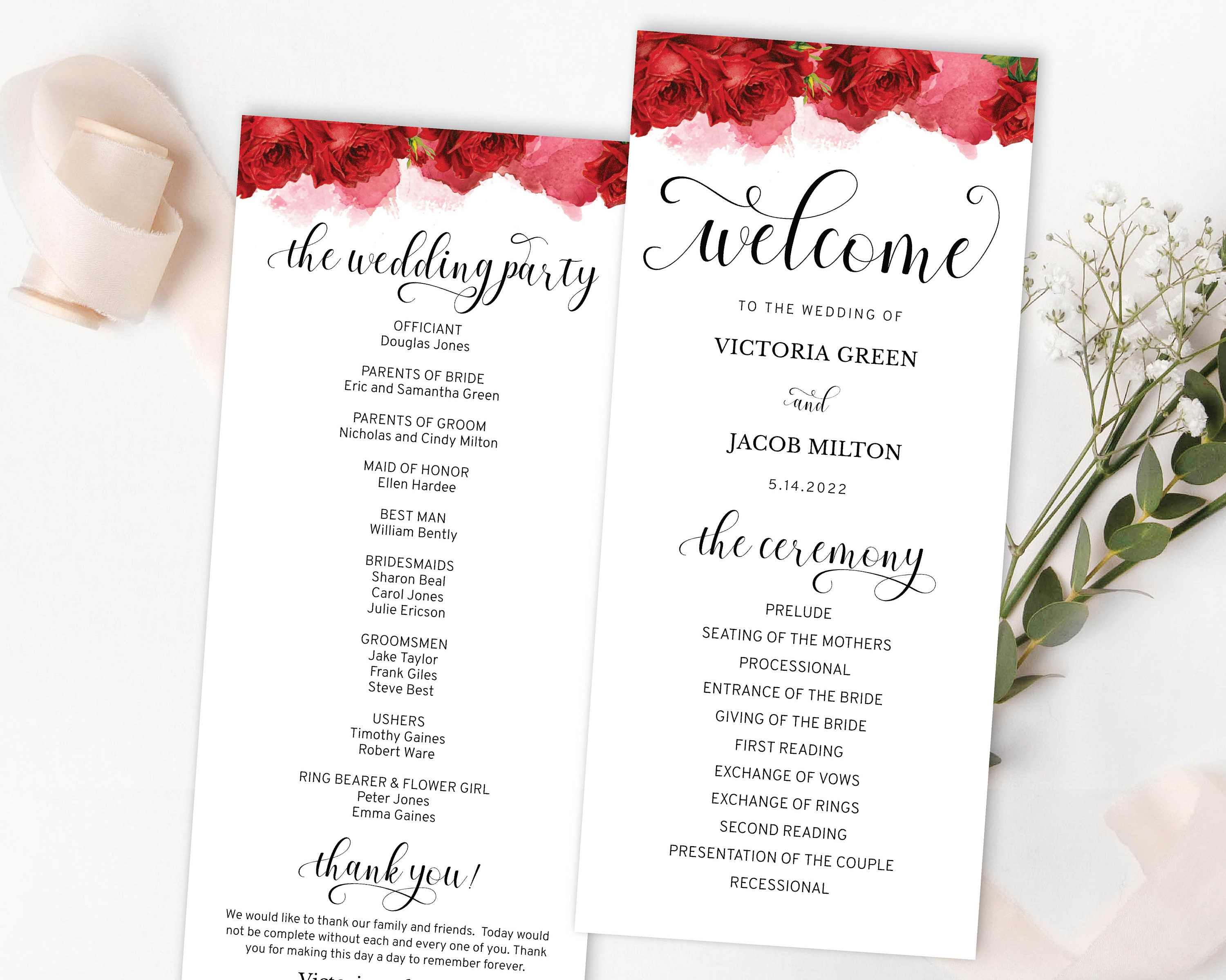 Red Wedding Program Template Download With Red Roses and Red Watercolor ...