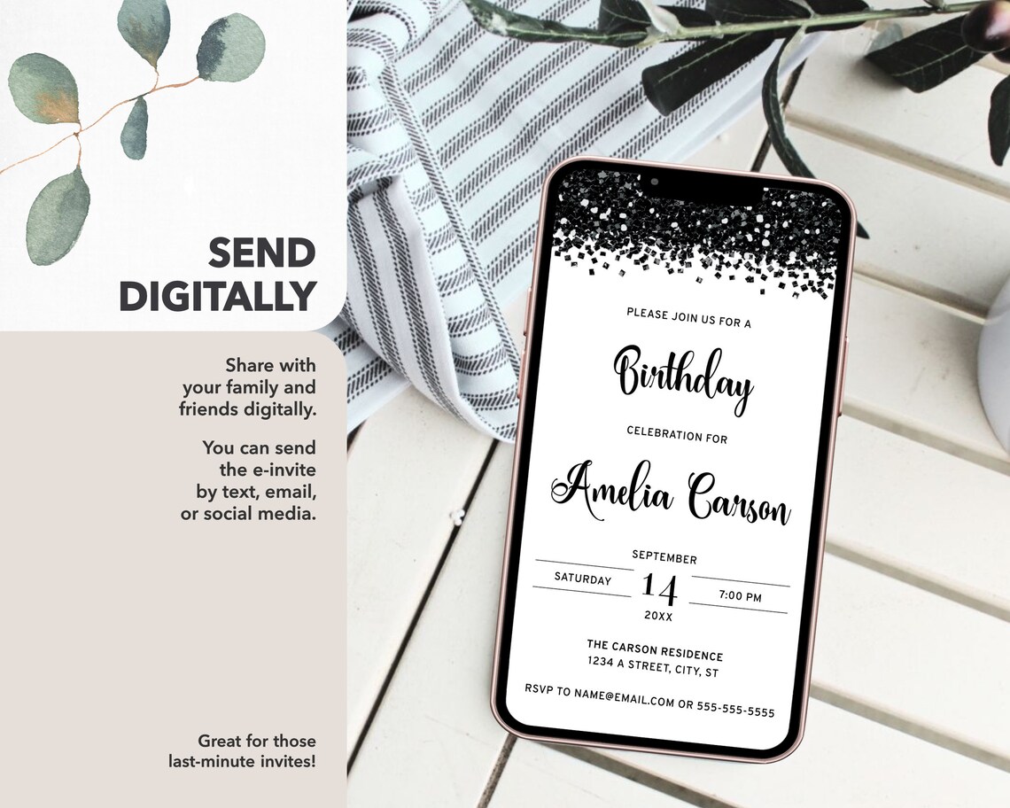 Black Birthday Party Invitation, Sparkling Glitter Invite for a Glam ...