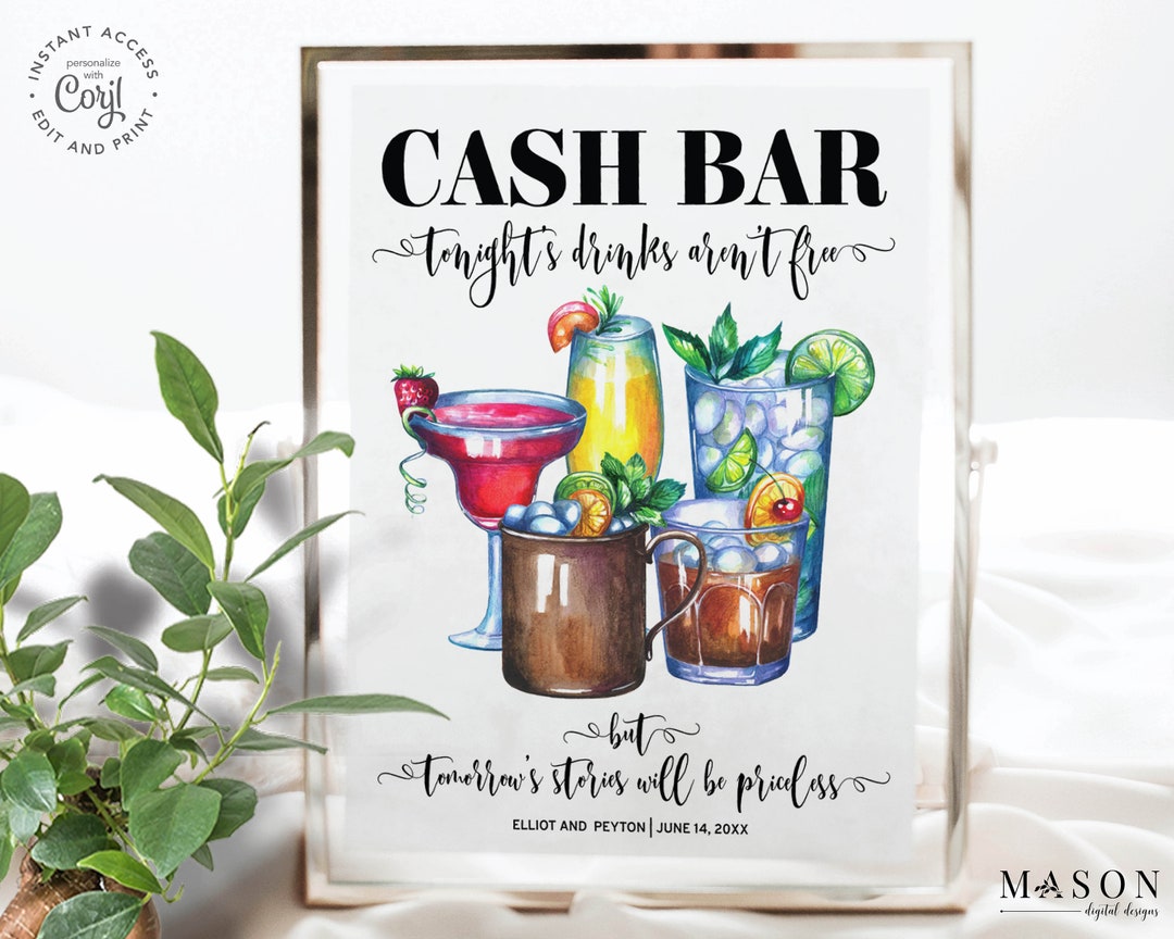 CASH BAR SIGN Printable Template Drink Sign With Cocktails - Etsy