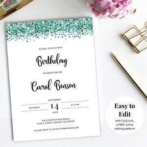 Mint Green Birthday Party Invitation Template DIY Printable | Etsy