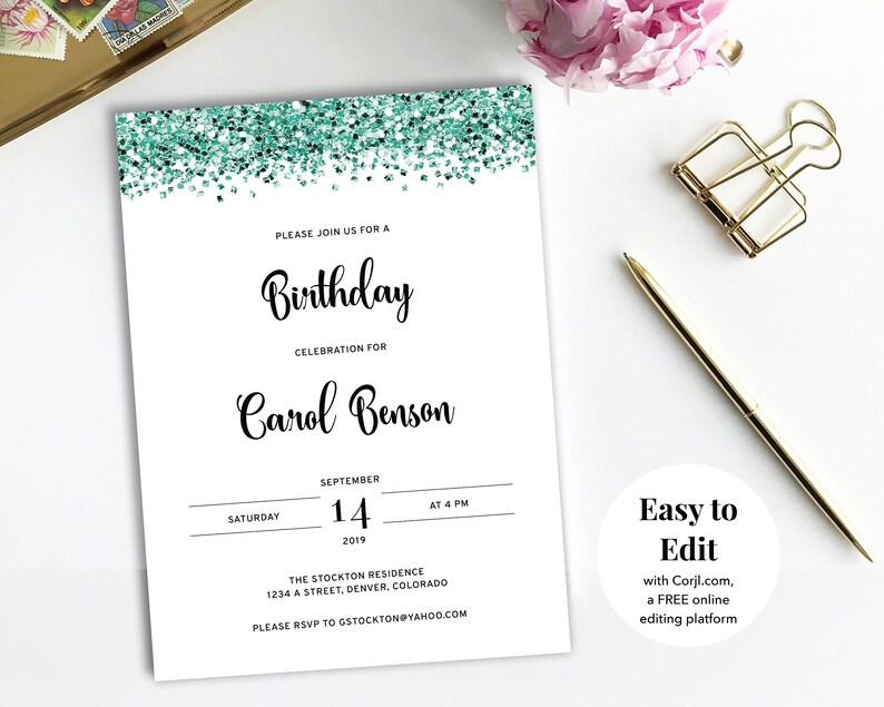 Mint Green Birthday Party Invitation Template DIY Printable | Etsy