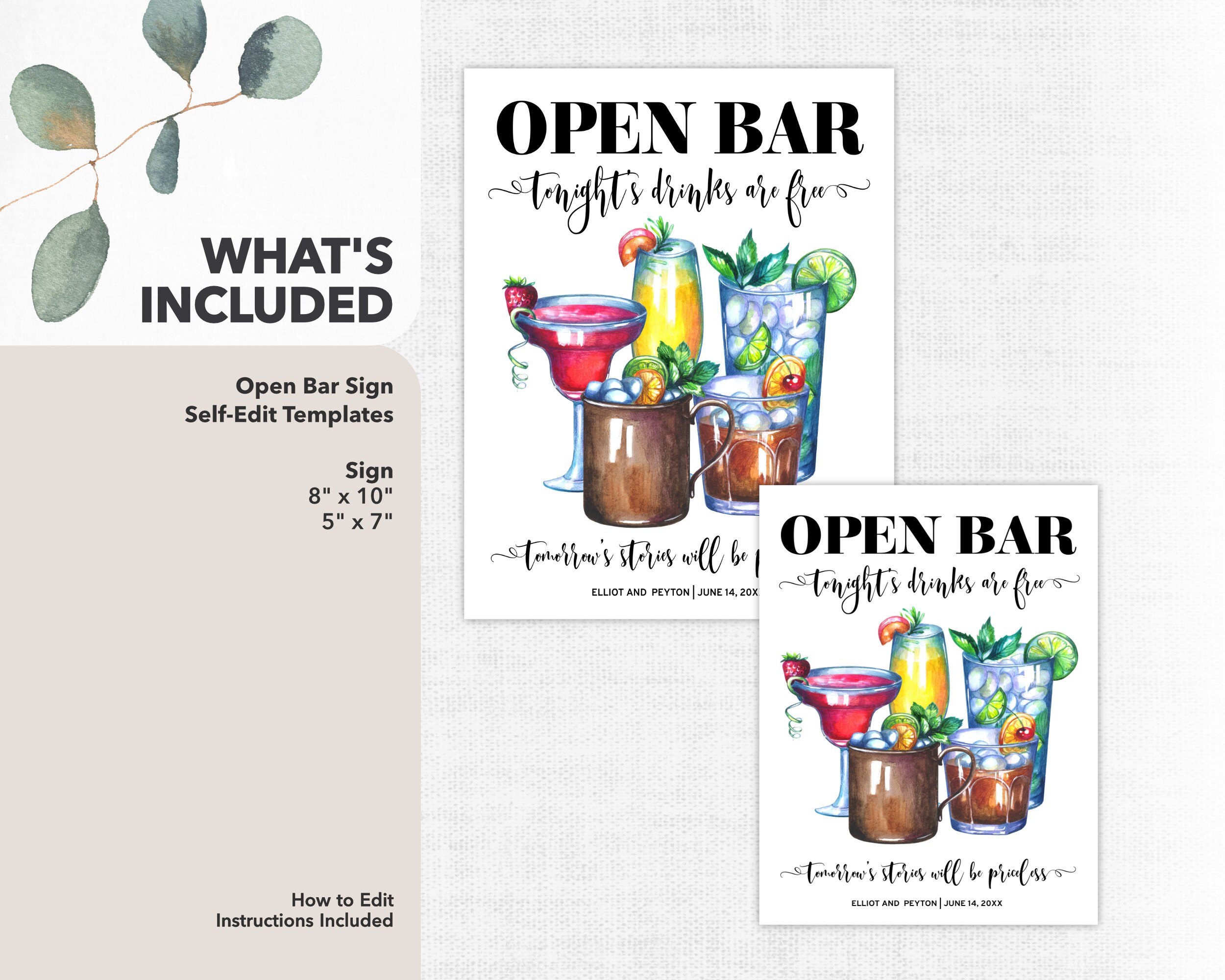 OPEN BAR SIGN, Printable Template for Wedding Bar Sign, Drink Sign With ...