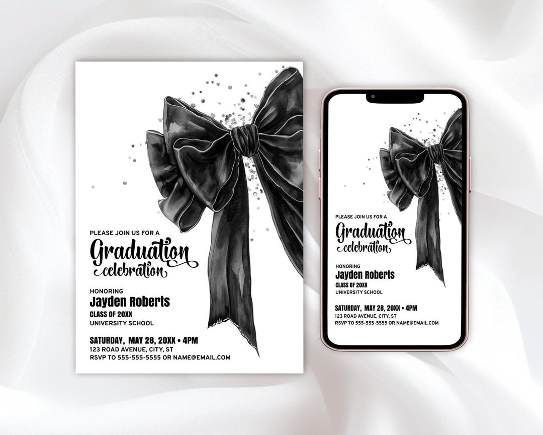 Black Bow Graduation Invitation Template — Grad Party Celebration ...