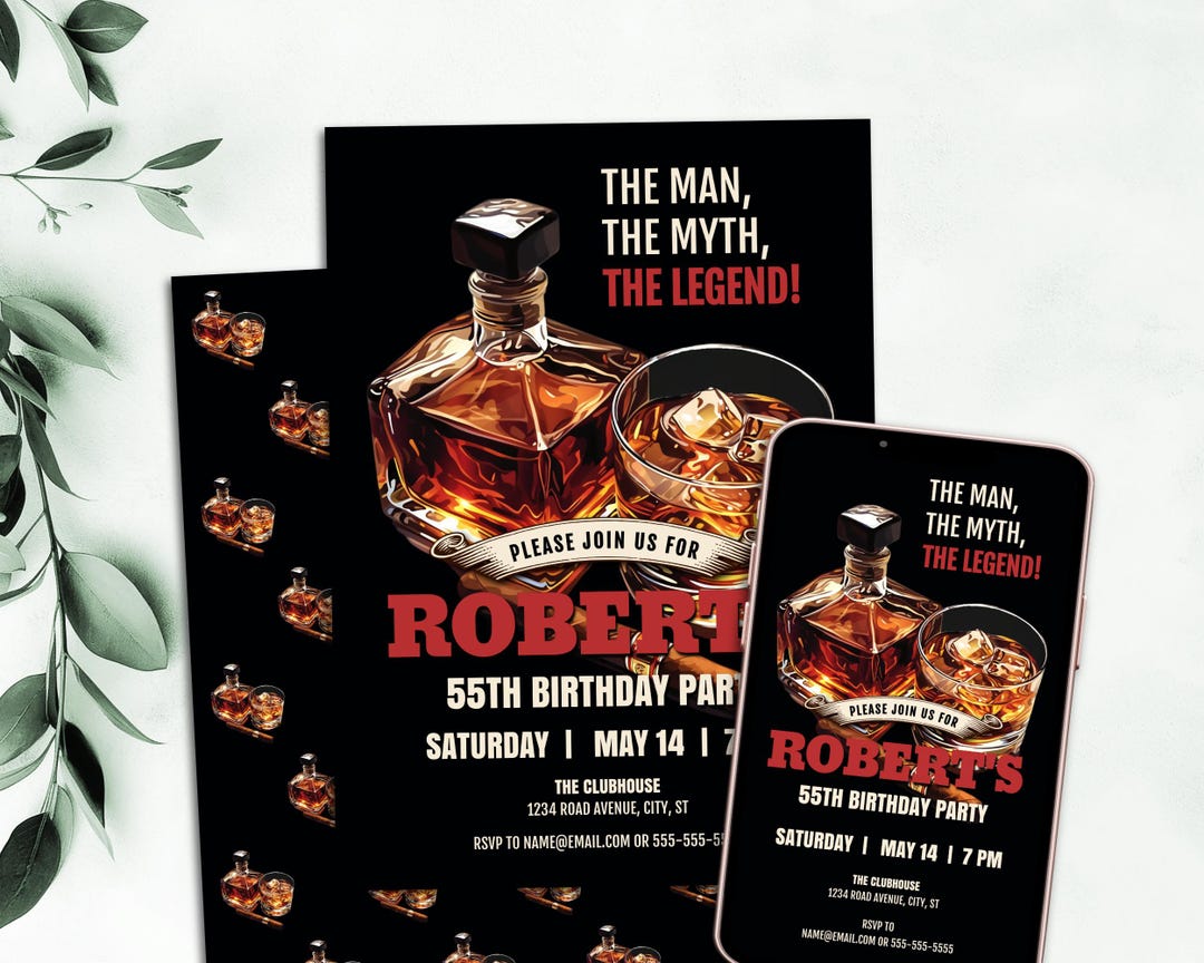 The Legend Birthday Invitation Template, Whiskey Glass, Decanter ...