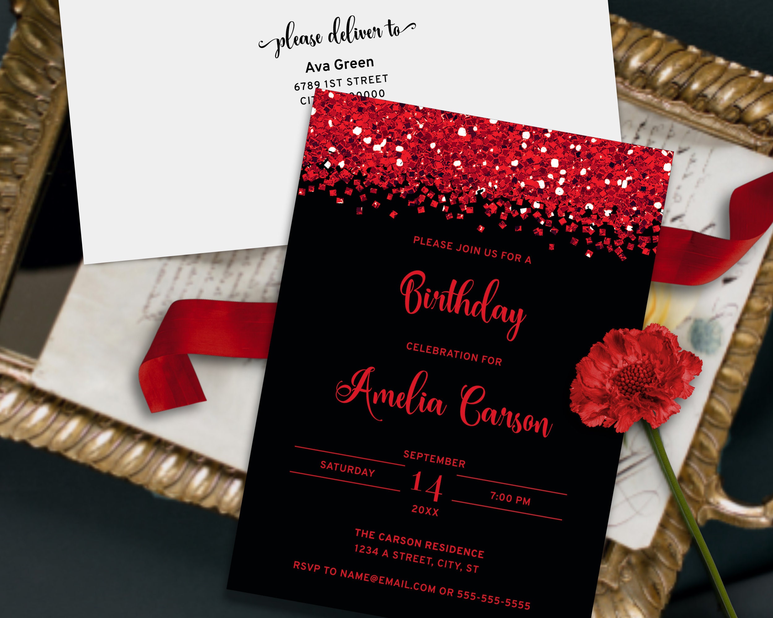 Black and Red Birthday Invitation Template, Printable Glitter ...
