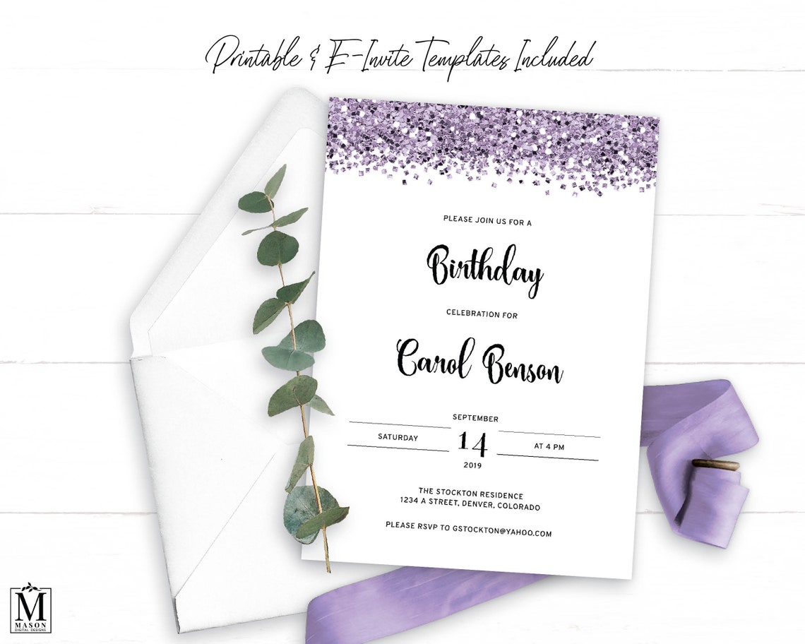 Lavender Birthday Party Invitation Sparkling Glitter Invite - Etsy