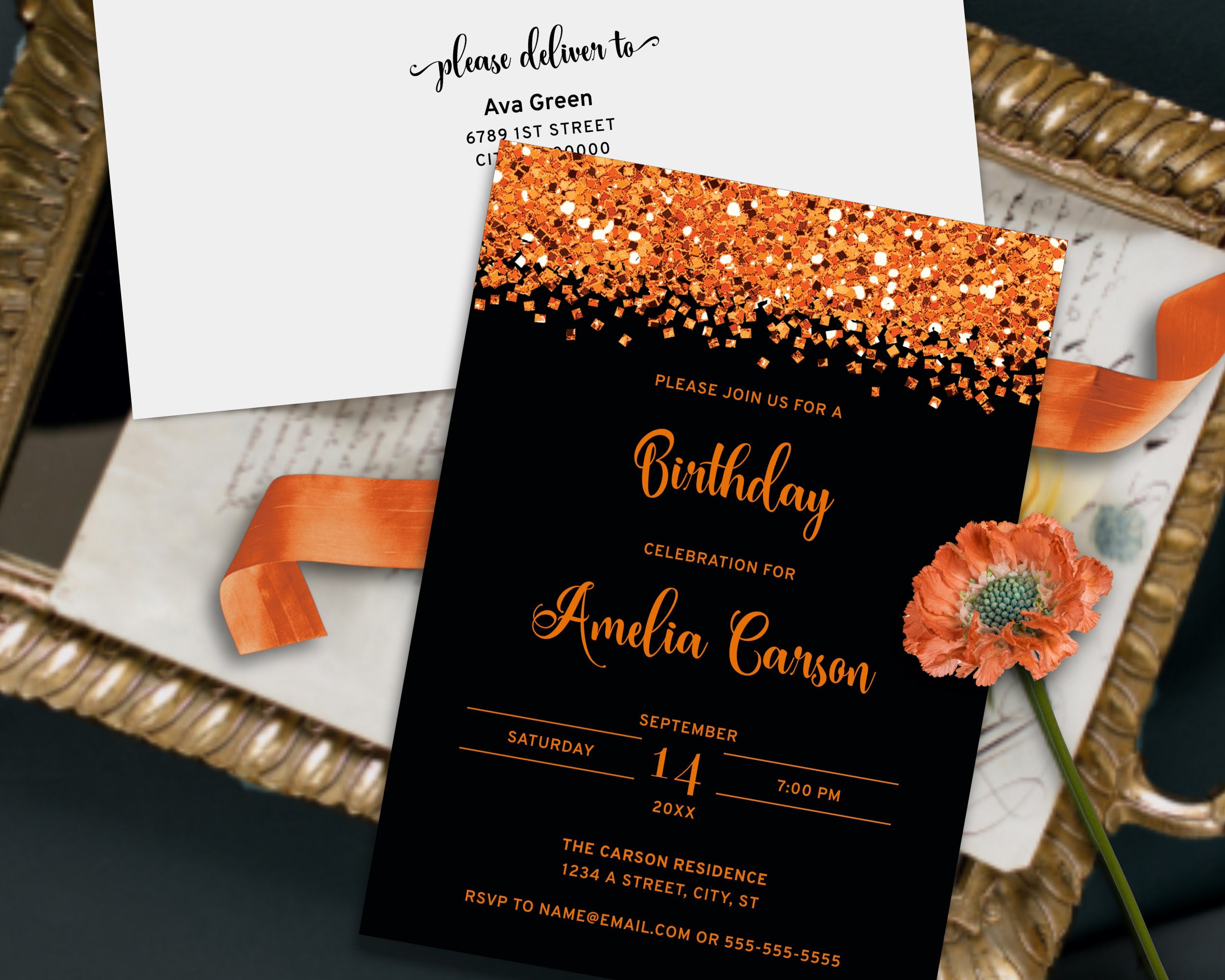 Black and Orange Birthday Invitation Template, Printable Glitter ...