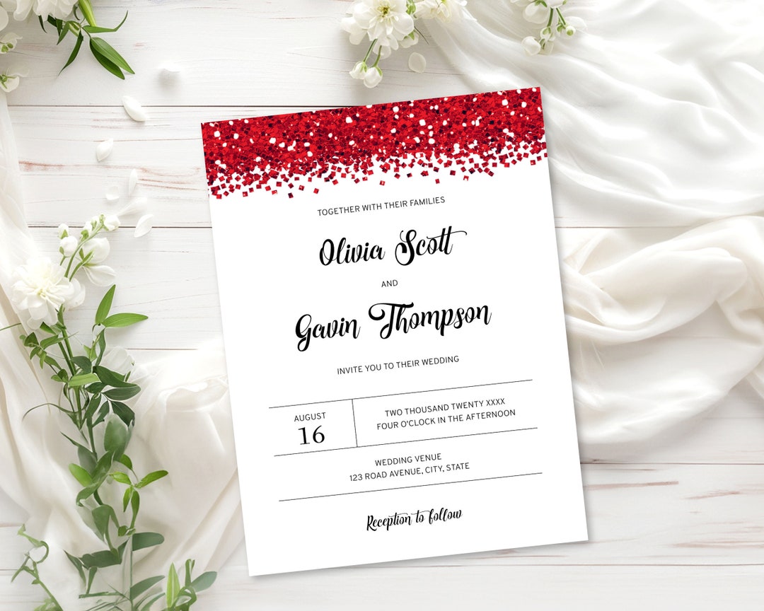 Red Wedding Invitation Template, Glitter Wedding Invitation With ...