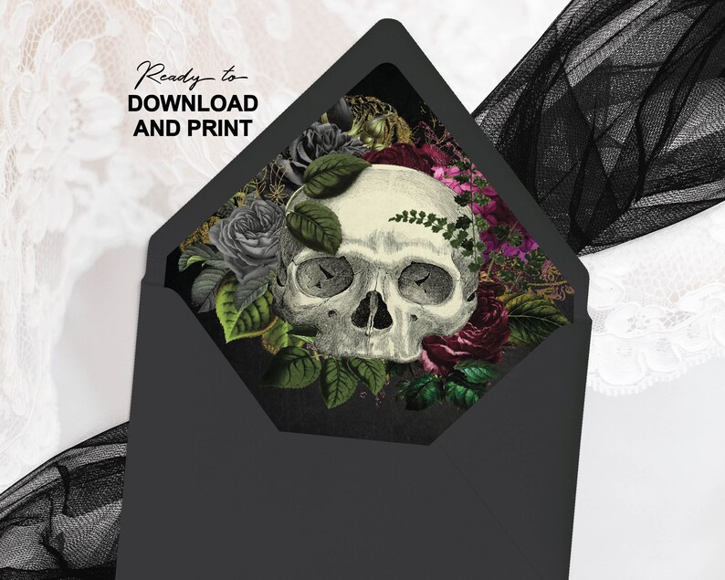 Goth Wedding Envelope Liners With a Masquerade Skull of Pink Flowers ...