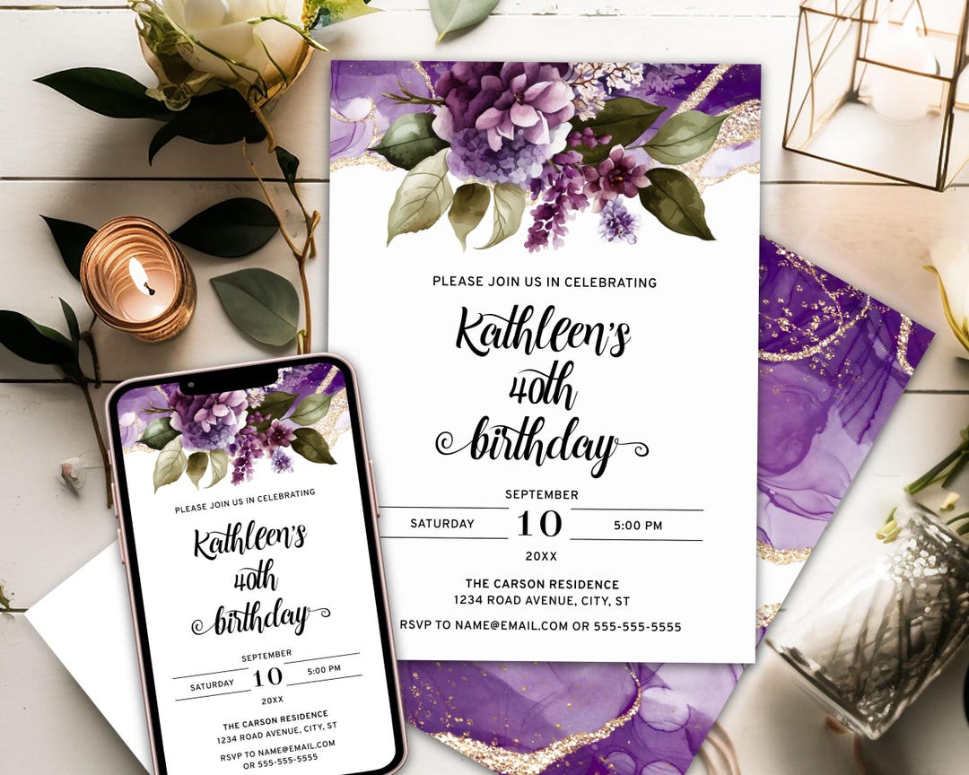 Purple Floral Birthday Party Invitation Template With Purple Watercolor ...