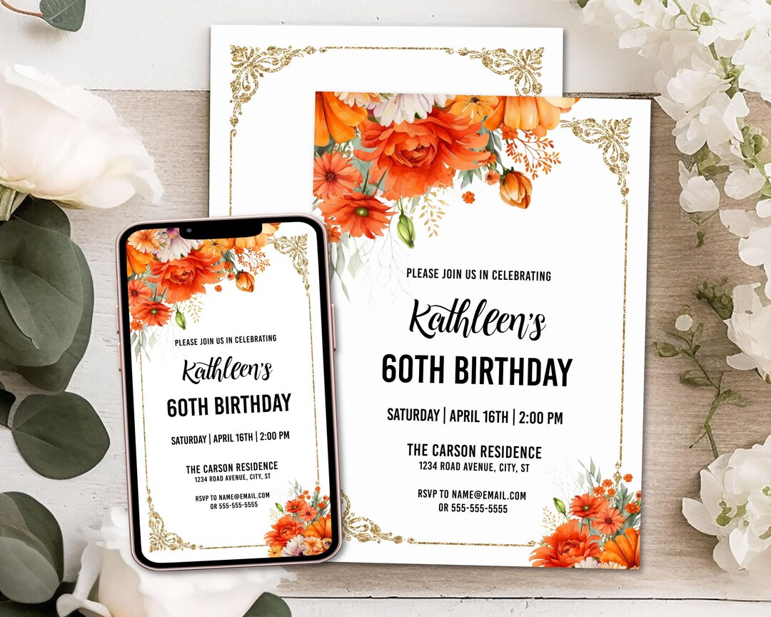 Orange Flowers Birthday Party Invitation Template, Elegant Gold Frame ...