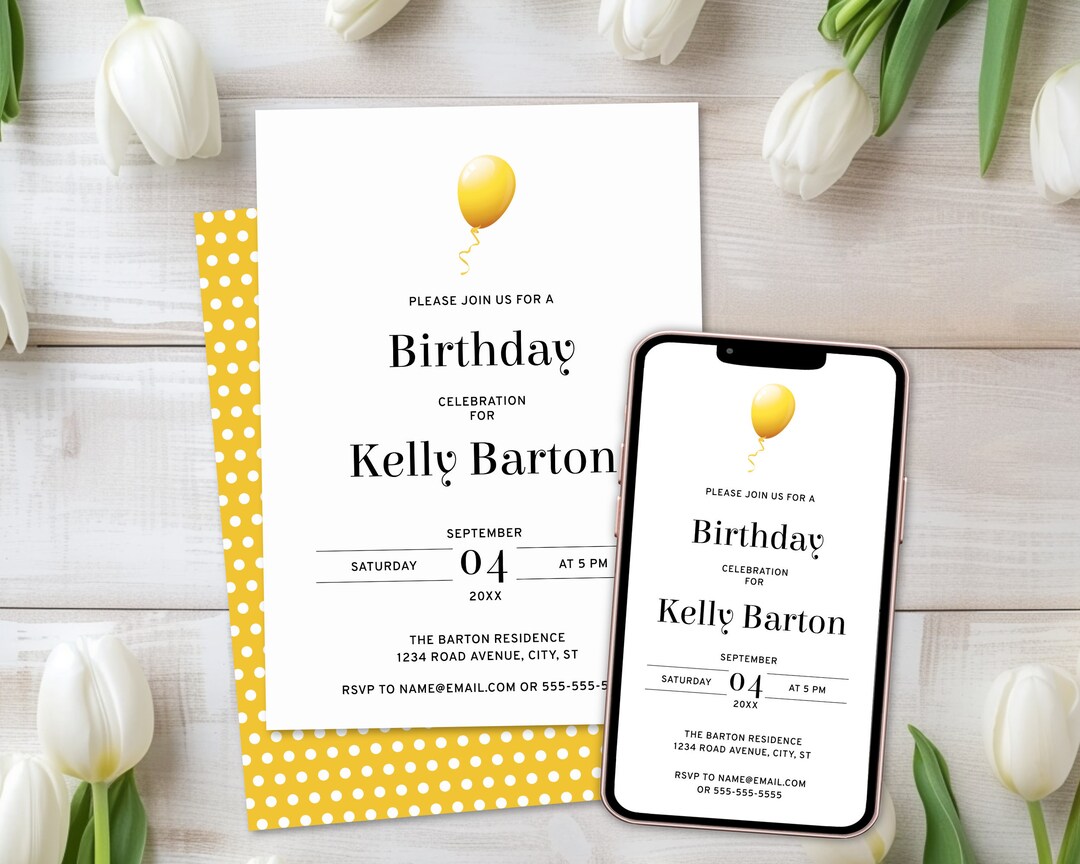 Yellow Birthday Invitation, Balloon Birthday Party Invite, Sweet and ...