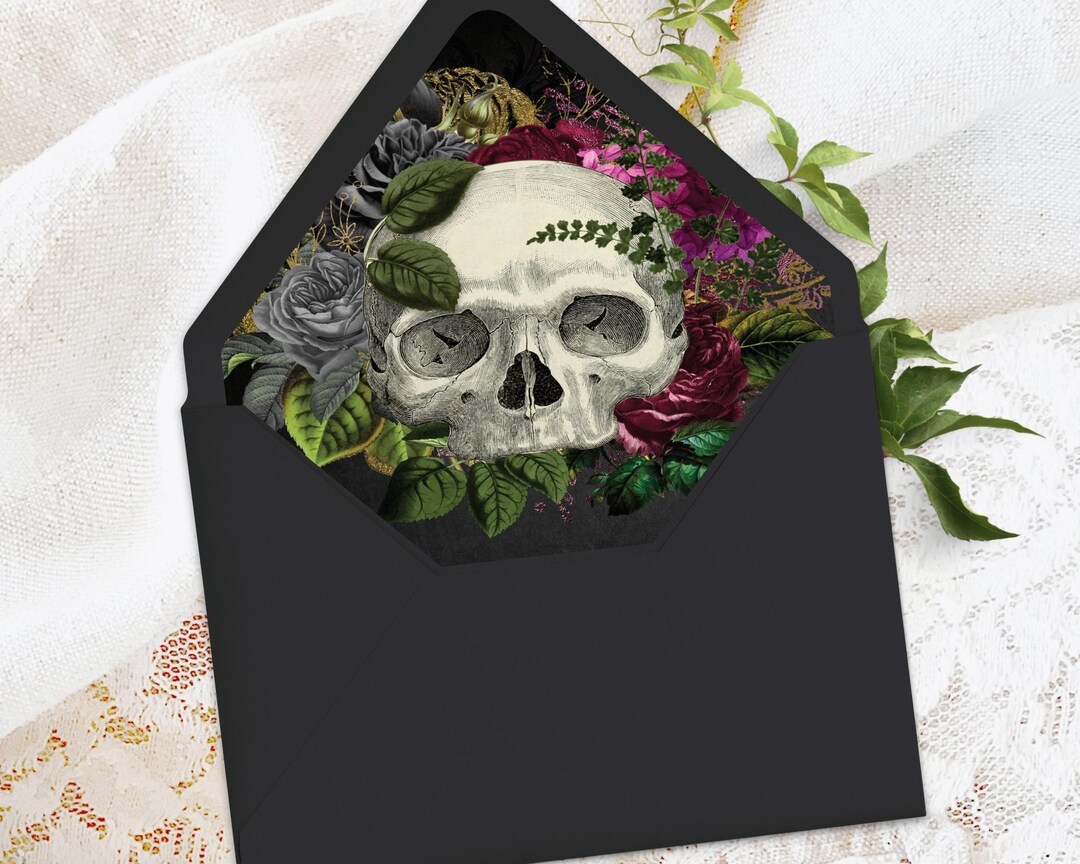 Goth Wedding Envelope Liners With a Masquerade Skull of Pink Flowers ...