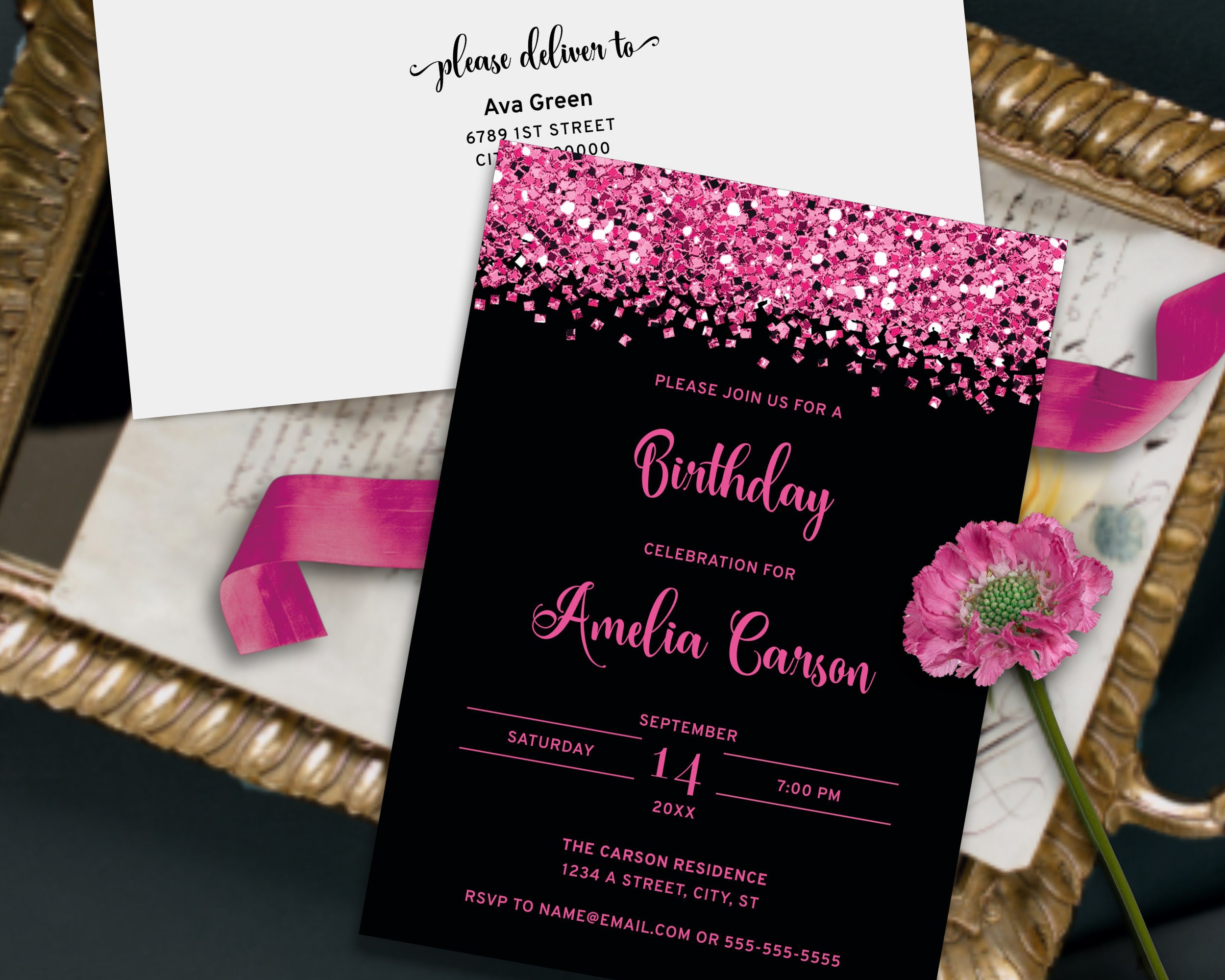 Black and Hot Pink Birthday Invitation Template, Printable Glitter ...