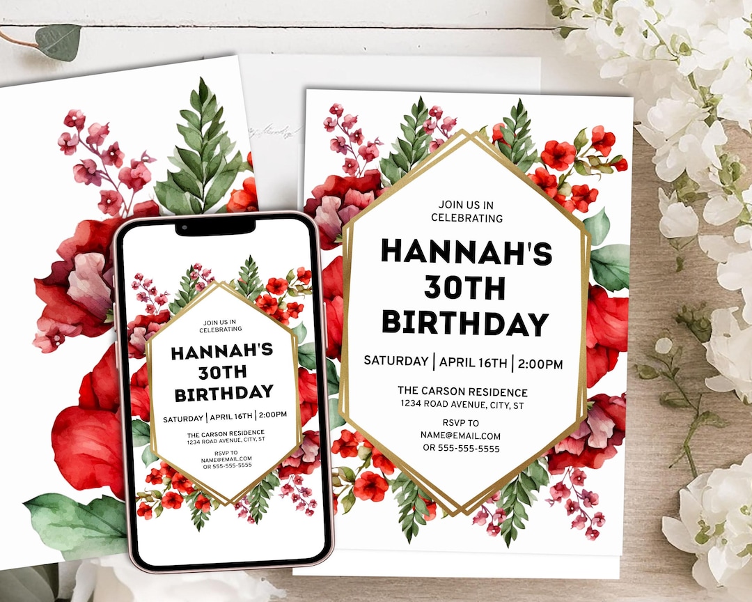 Red Flowers and Gold Hexagon Birthday Party Invitation Template ...